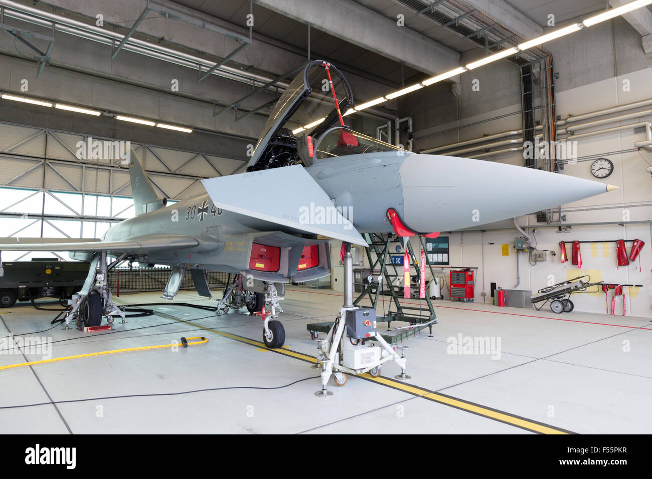 German Air Force Eurofighter Typhoon fighter jet in a hangar during the ...