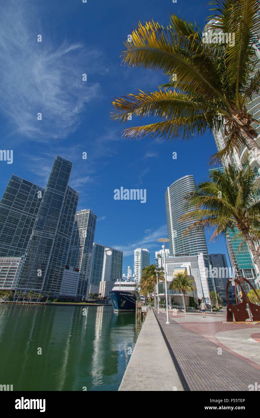 Miami downtown river cityscape along the Brickell area. Wide angle shot ...