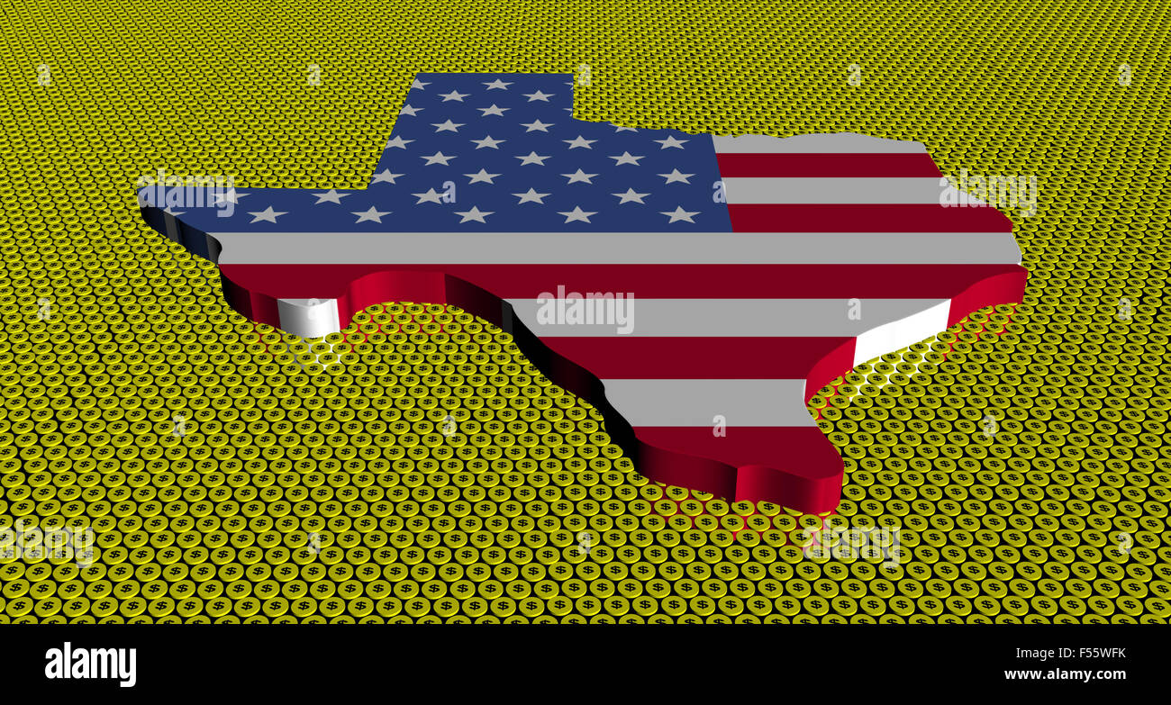 Texas map flag on golden dollars coins illustration Stock Photo - Alamy
