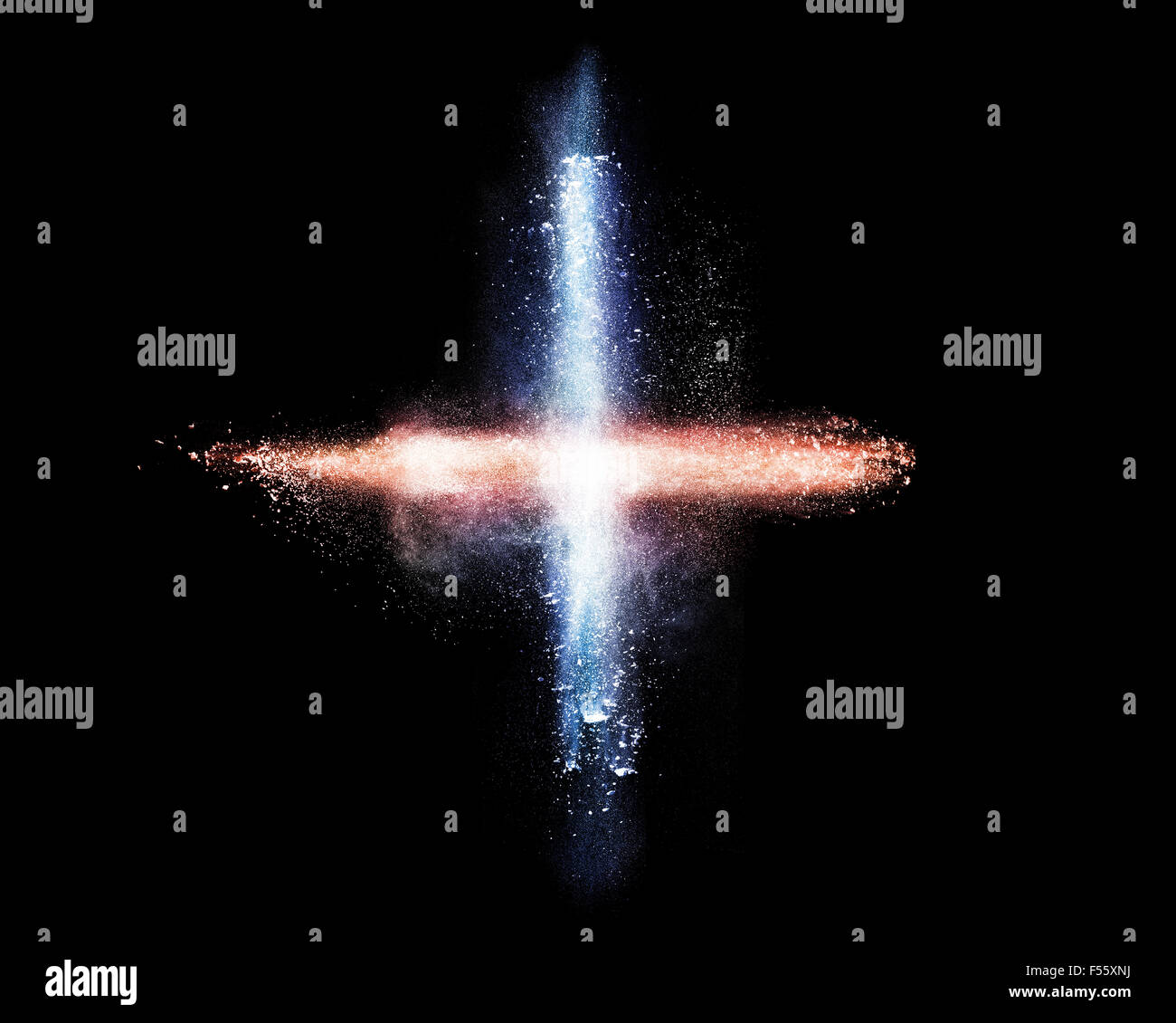 burst explosion of red and blue powder making a cross isolated on black ...