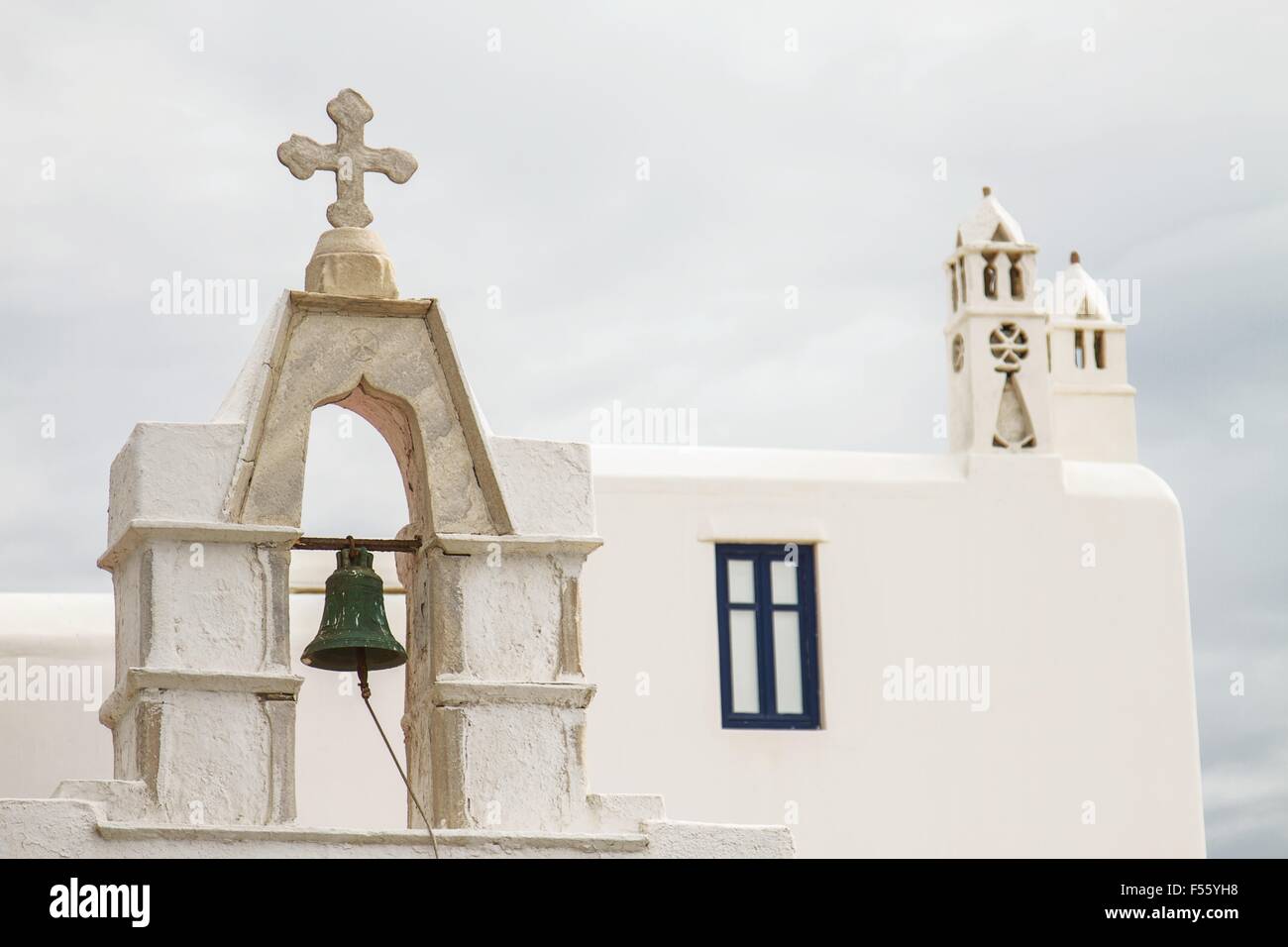 Clean image of church with bell, window and tower in Mykonos, Greece ...