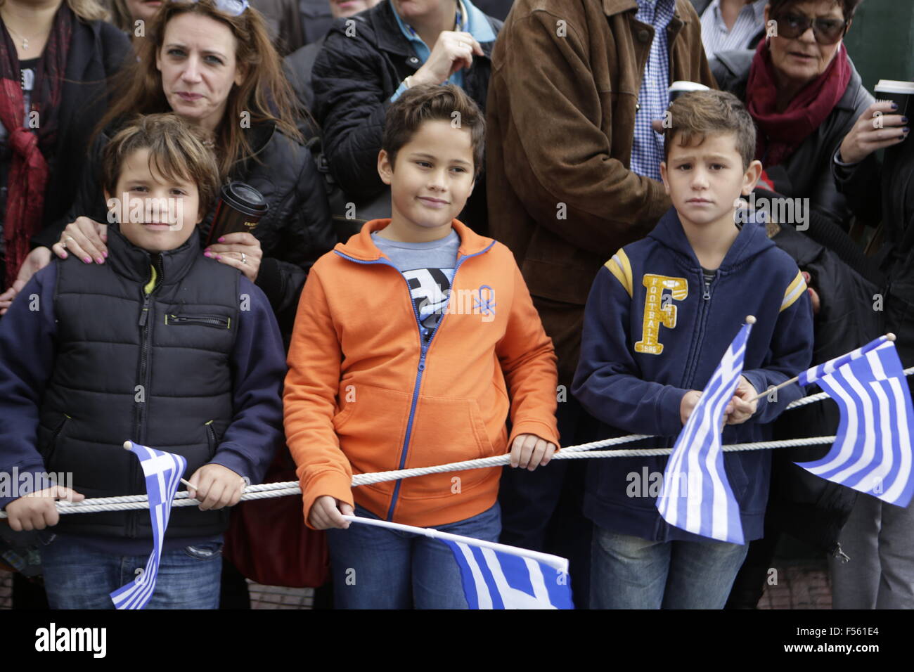 Athens, Greece. 28th October 2015. Three boys watch the 'Oxi Day ...