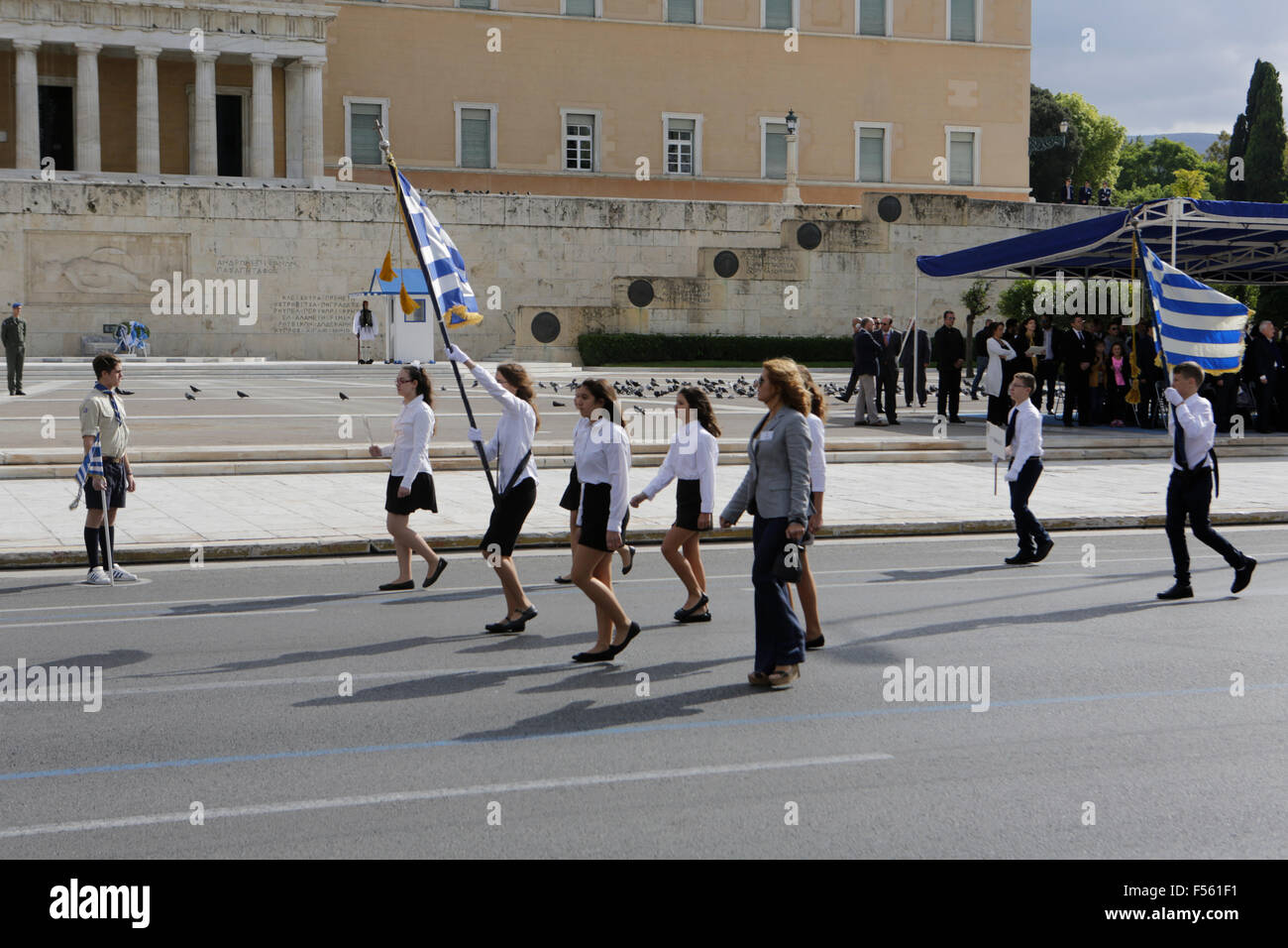 Athens, Greece. 28th October 2015. School students march past the Greek ...