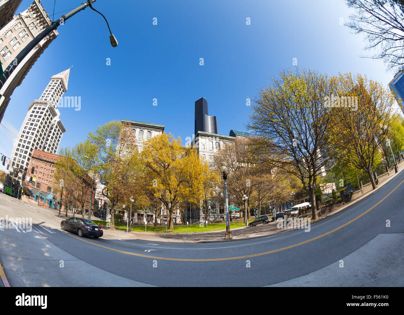 Fisheye view of Seattle downtown during summer Stock Photo - Alamy