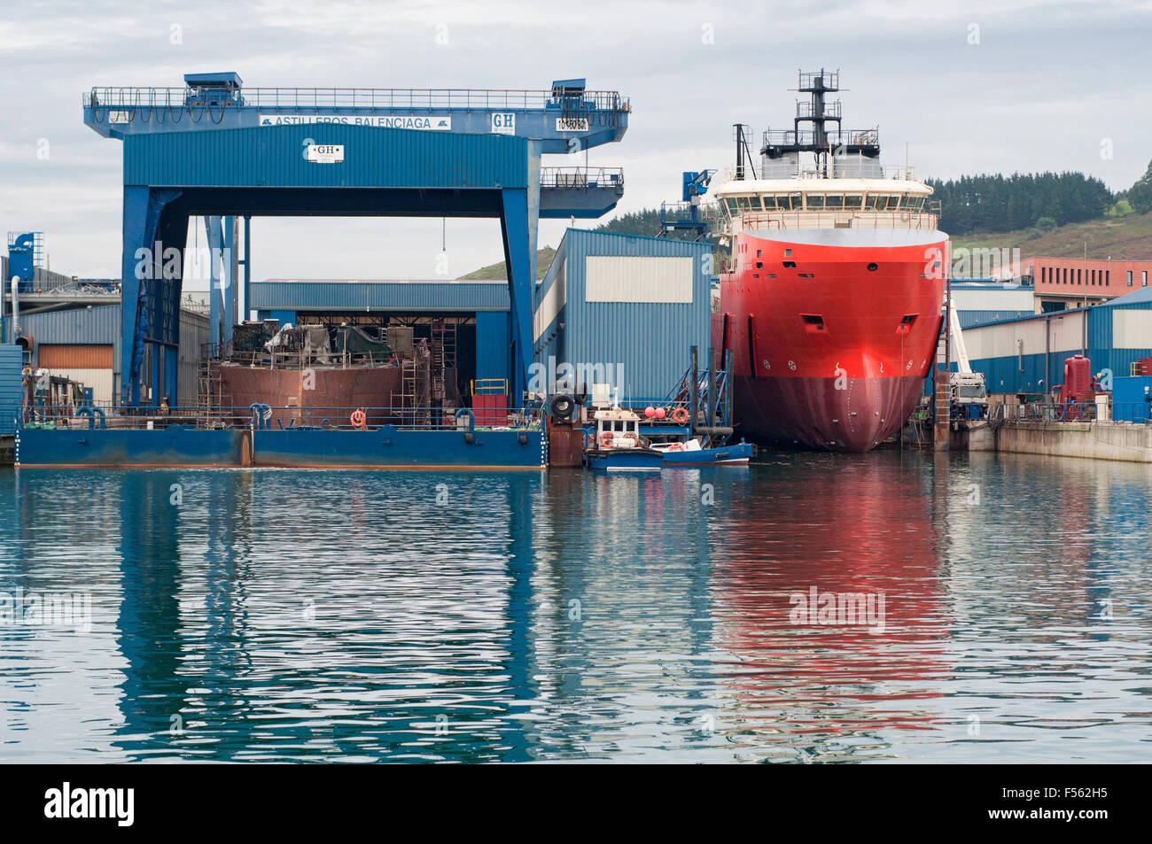 Red ship in Balenciaga shipyard in the Zumaia port. Basque Country ...