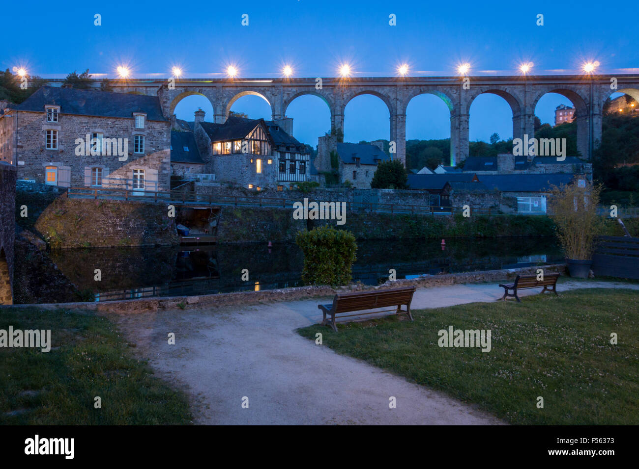 Night view of the viaduct crossing the river Rance at Dinan, Brittany ...