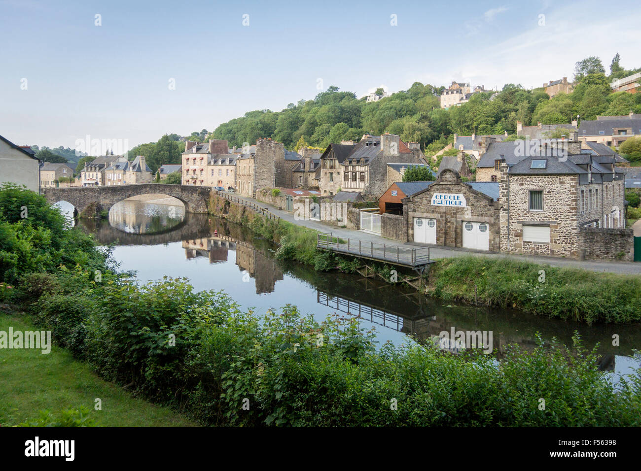 View of the town and bridge crossing the river Rance at Dinan, Brittany ...