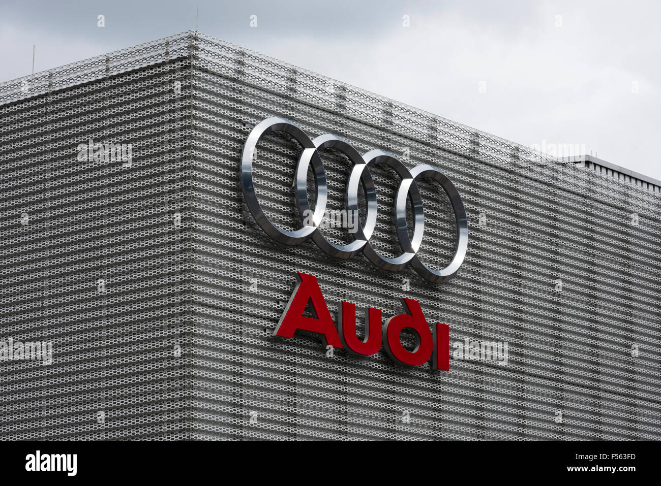 16.06.2015, Berlin, Berlin, Germany - The Audi logo on the Audi Zentrum ...
