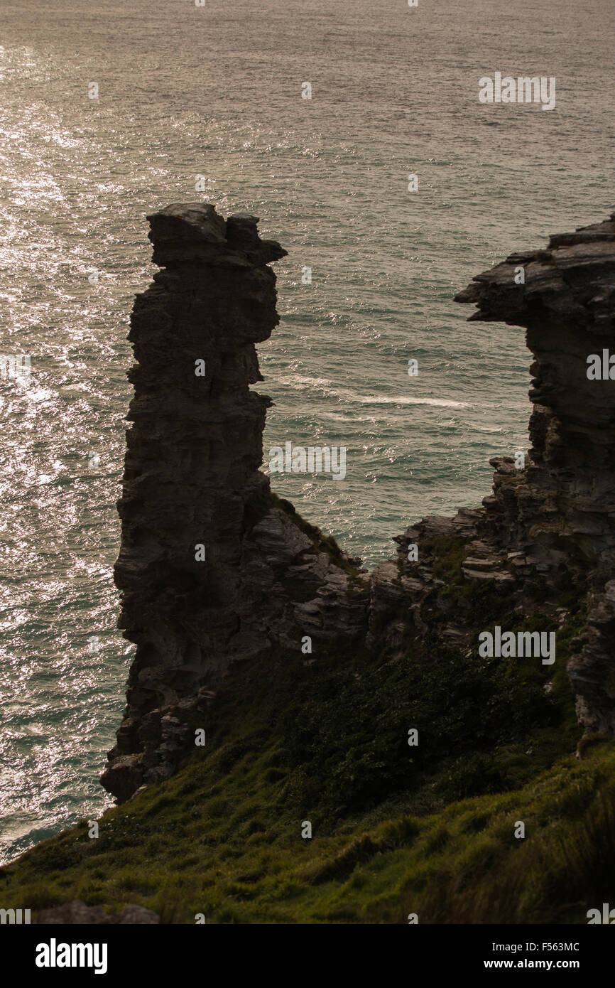 Stone stack, feature of the cliffs at Tintagel Castle, Cornwall with ...