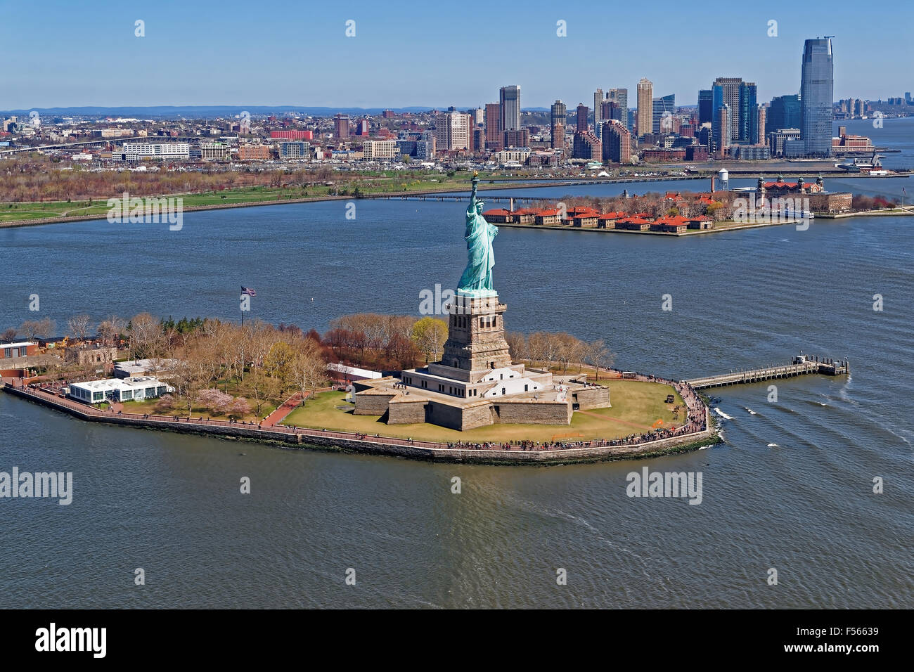 Aerial view of the Statue of Liberty in New York City, USA with ...