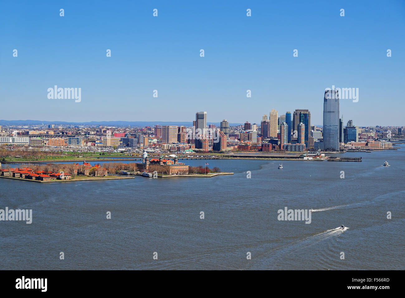Aerial view of the Governors Island in the New York City harbor on a ...