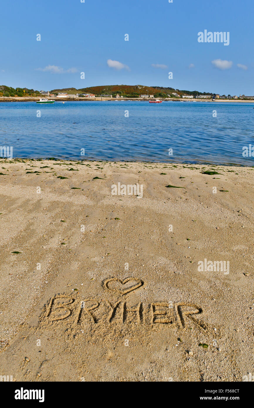 Bryher Beach; Message in the Sand; Looking Towards Tresco; Isles of ...