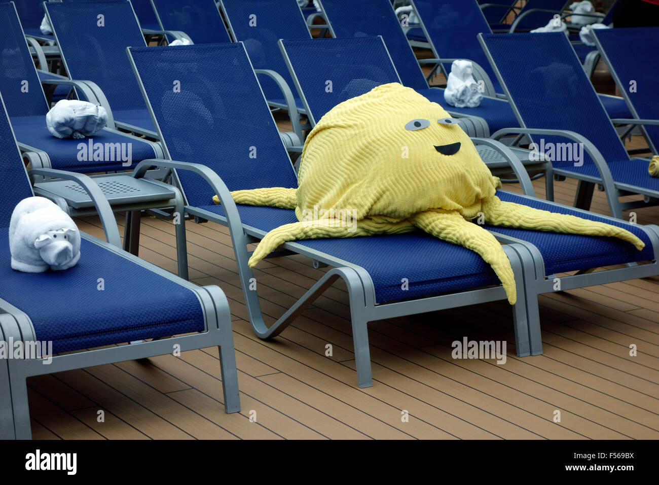 Towels folded into the shape of animals on a cruise ship deck, Carnival ...
