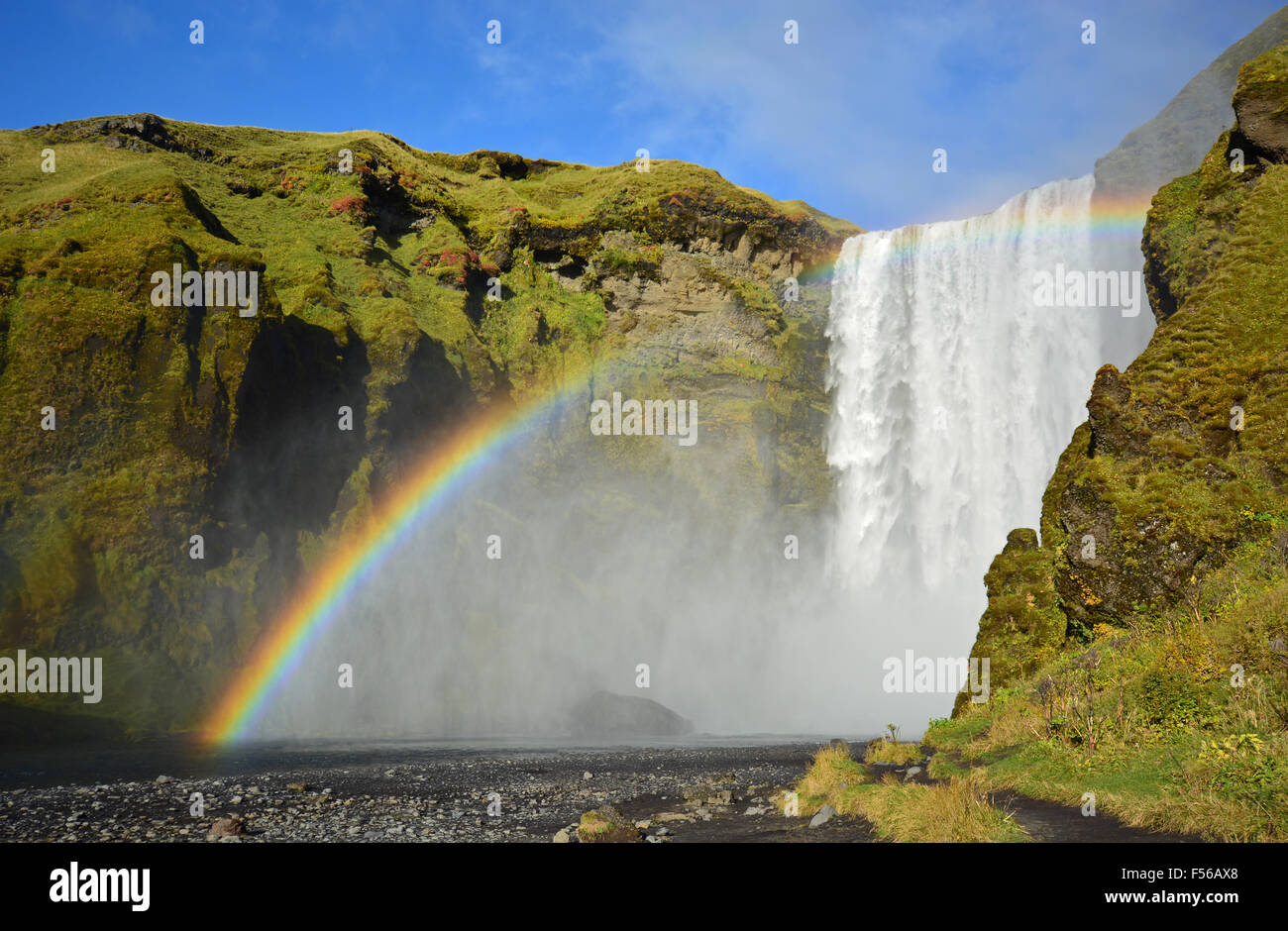 Skogafoss waterfall with a rainbow, Skogar, South Iceland Stock Photo ...