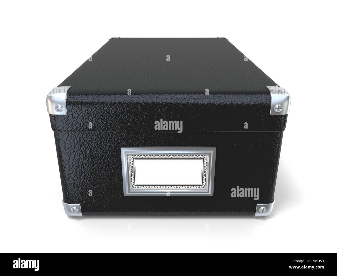 Black leather closed box, with chrome corners and blank label. Front ...