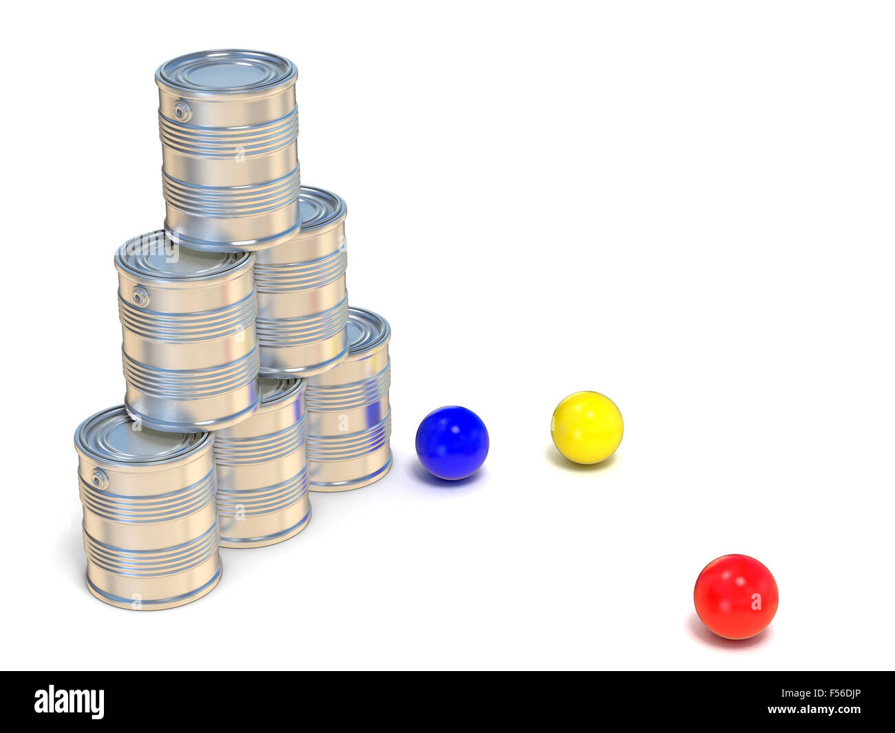 Tin cans and three balls. Side view. 3D illustration isolated on white ...