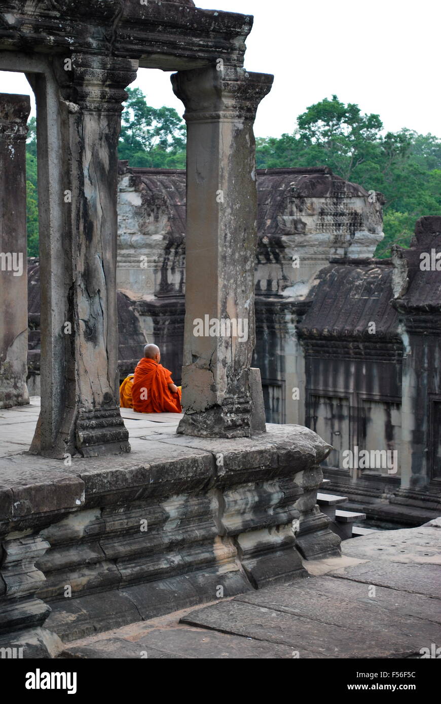 Two young Buddhist monks photographed from behind look out on the ...