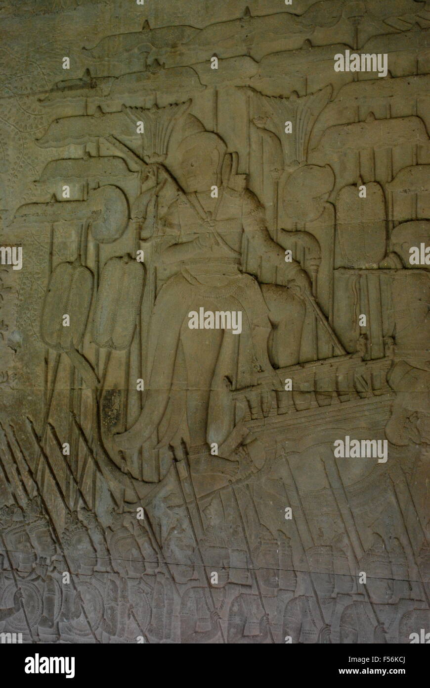 Ancient Khmer bas relief wall carving showing Khmer warriors marching ...