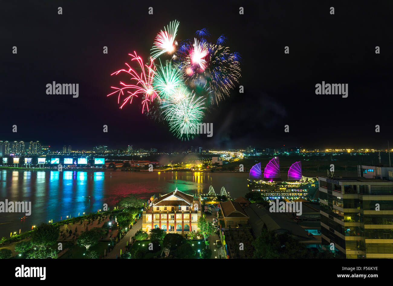 Beauty of the fireworks on the banks of the Saigon River Stock Photo ...