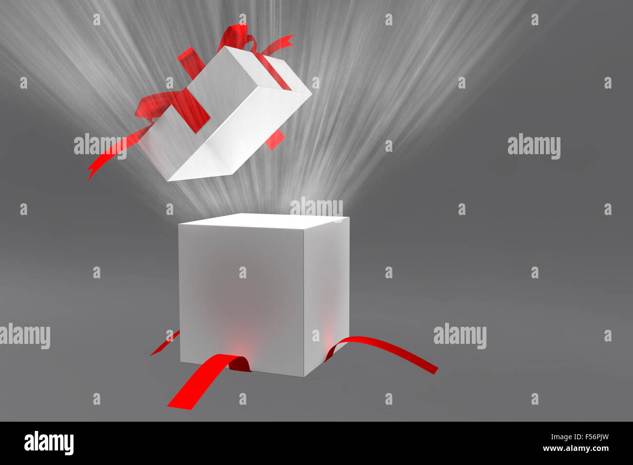 rendered open gift box with light beams Stock Photo - Alamy