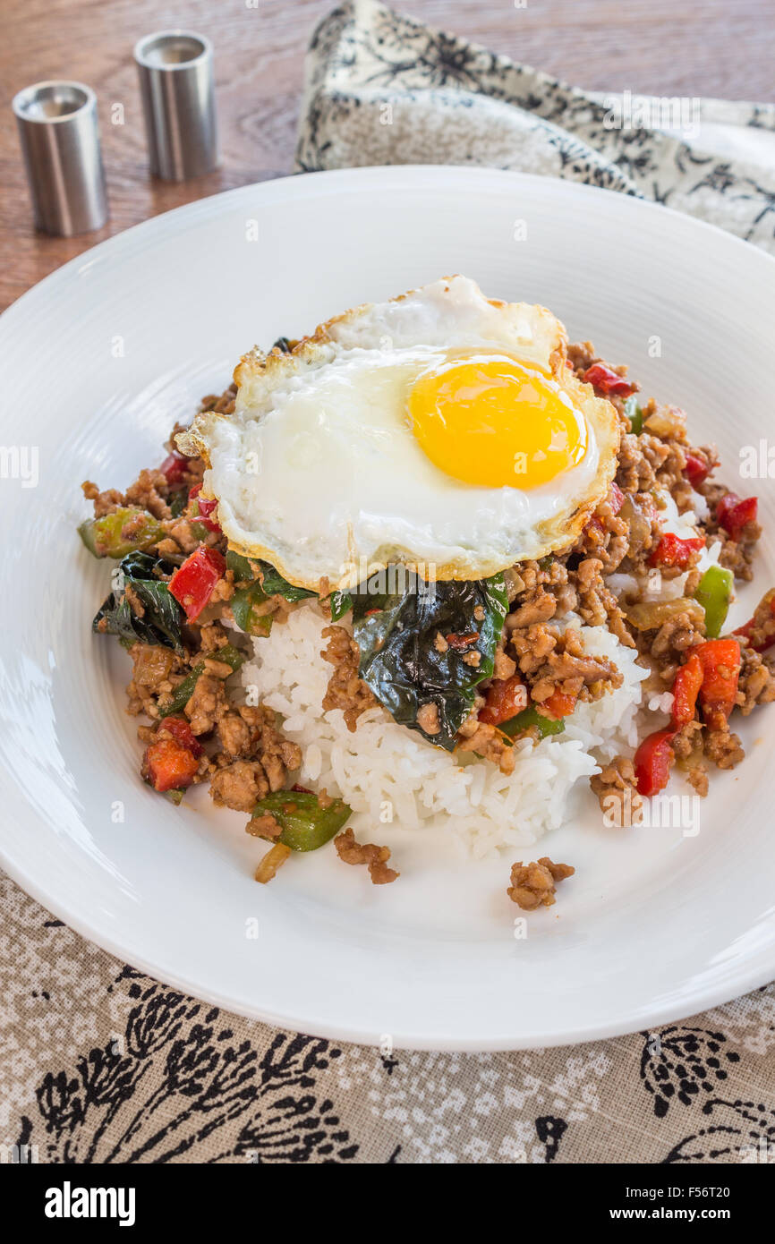Thai version of loco moco made with rice, a spicy meat and vegetable ...