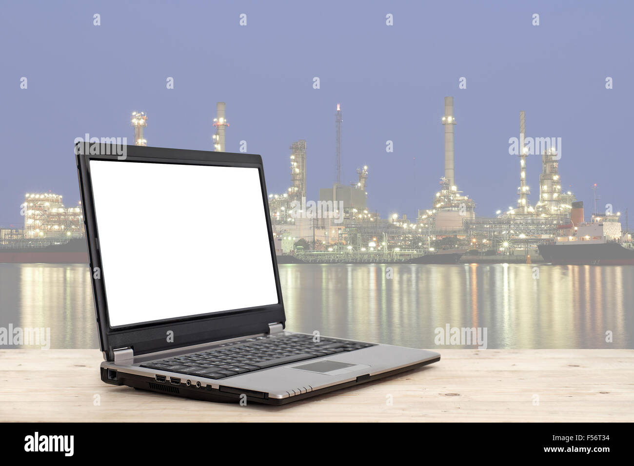 Industry business concept idea, laptop with blank screen on wooden ...