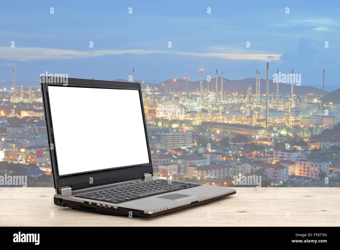 Industry business concept idea, laptop with blank screen on wooden ...