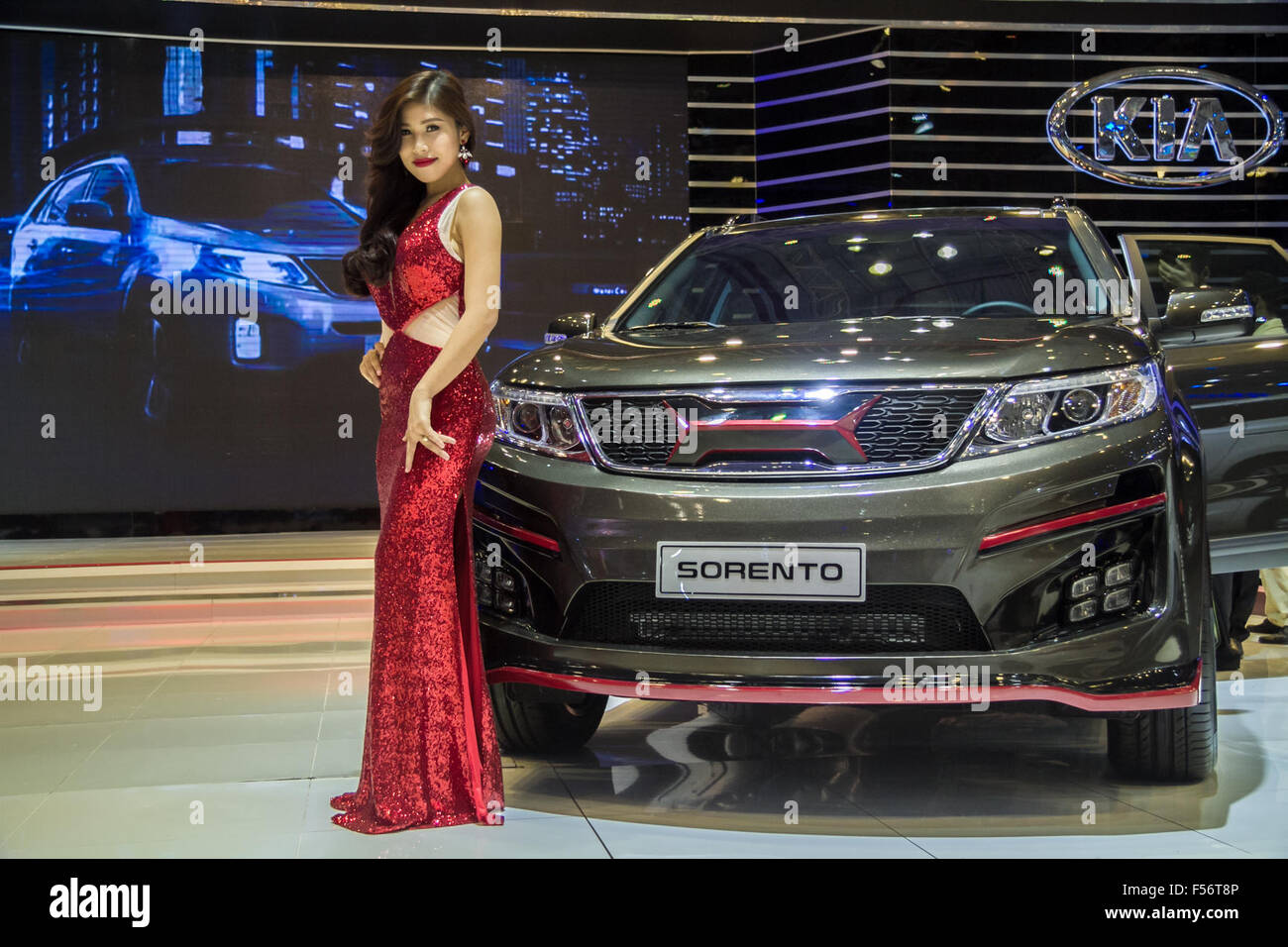 Ho Chi Minh City, Vietnam. 28th Oct, 2015. A model presents a Kia ...