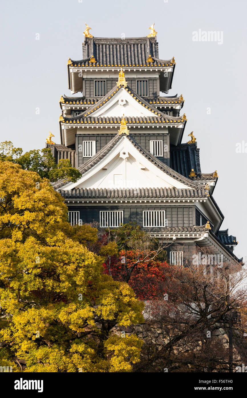 Japan, Okayama. Crow castle. Side view of the Black keep, tenshu with ...