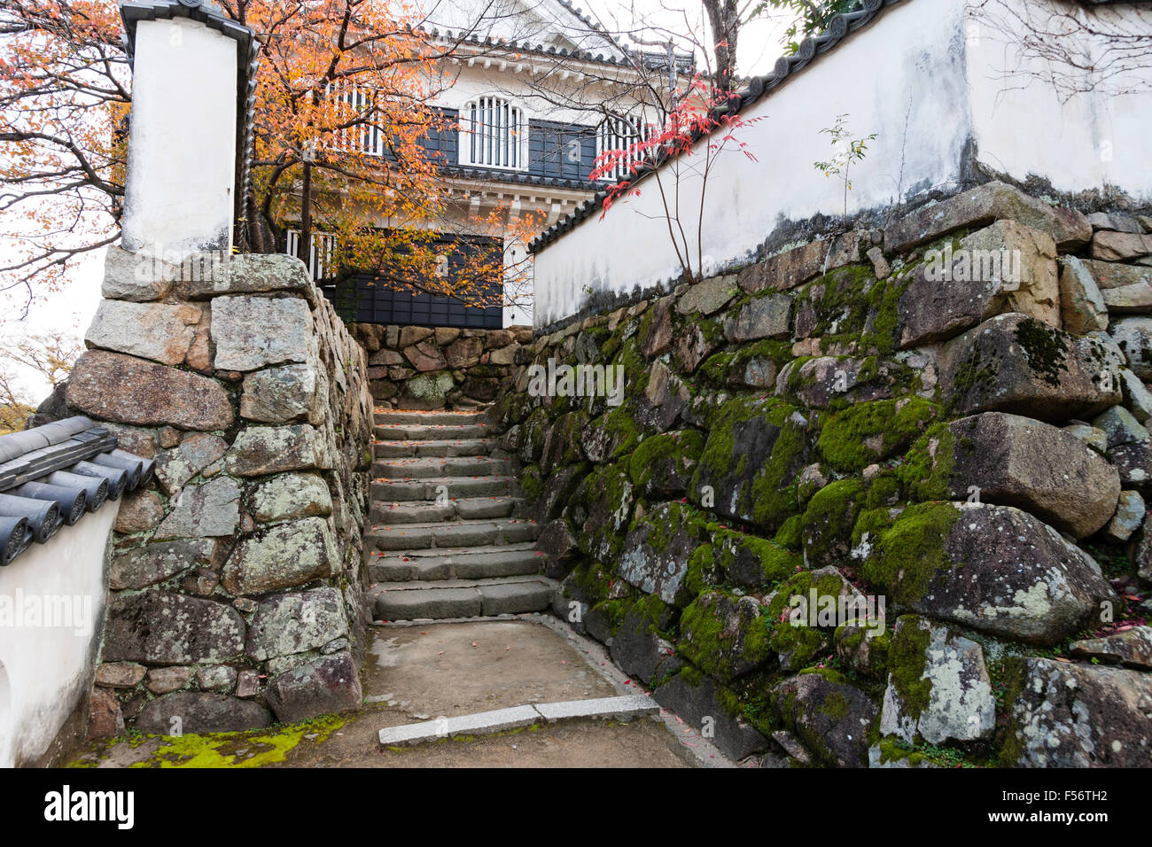 Japan, Okayama castle. Narrow steps leading by side of Rokamon gate, to ...