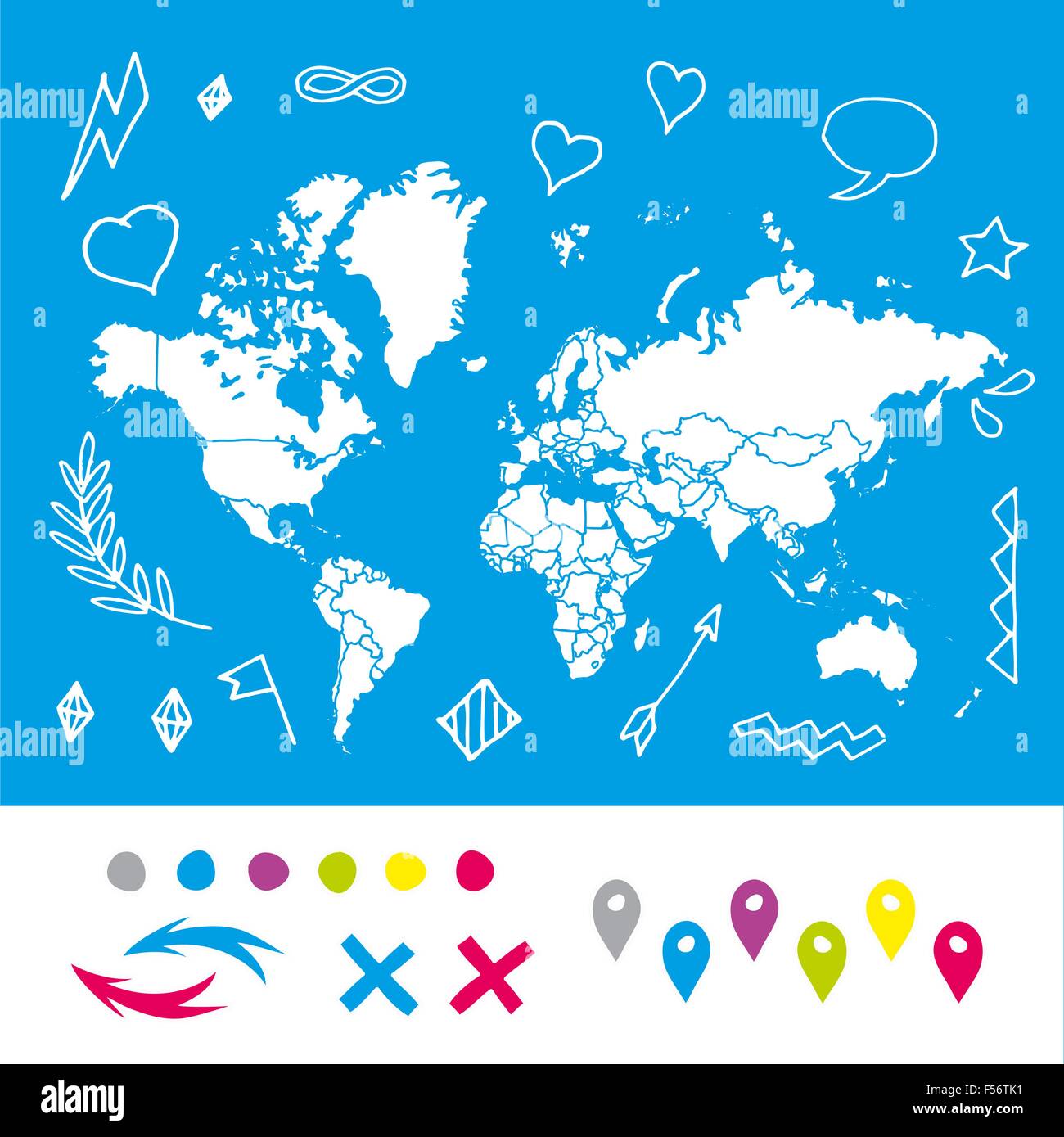 Hand drawn world map with pins and arrows vector design. Cartoon style ...