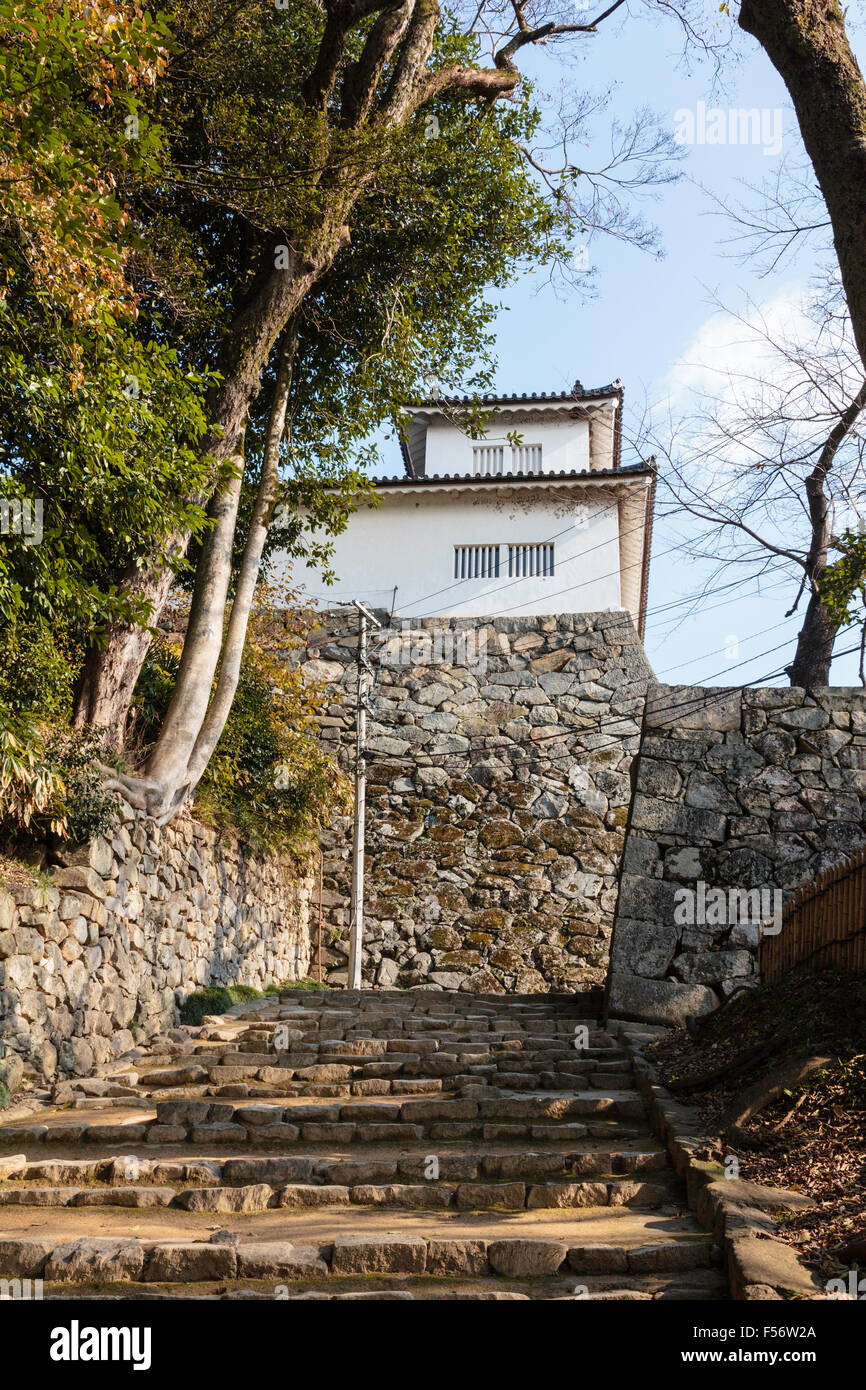 Japan, Hikone castle. Stone step pproach to dry moat, overlooked by the ...