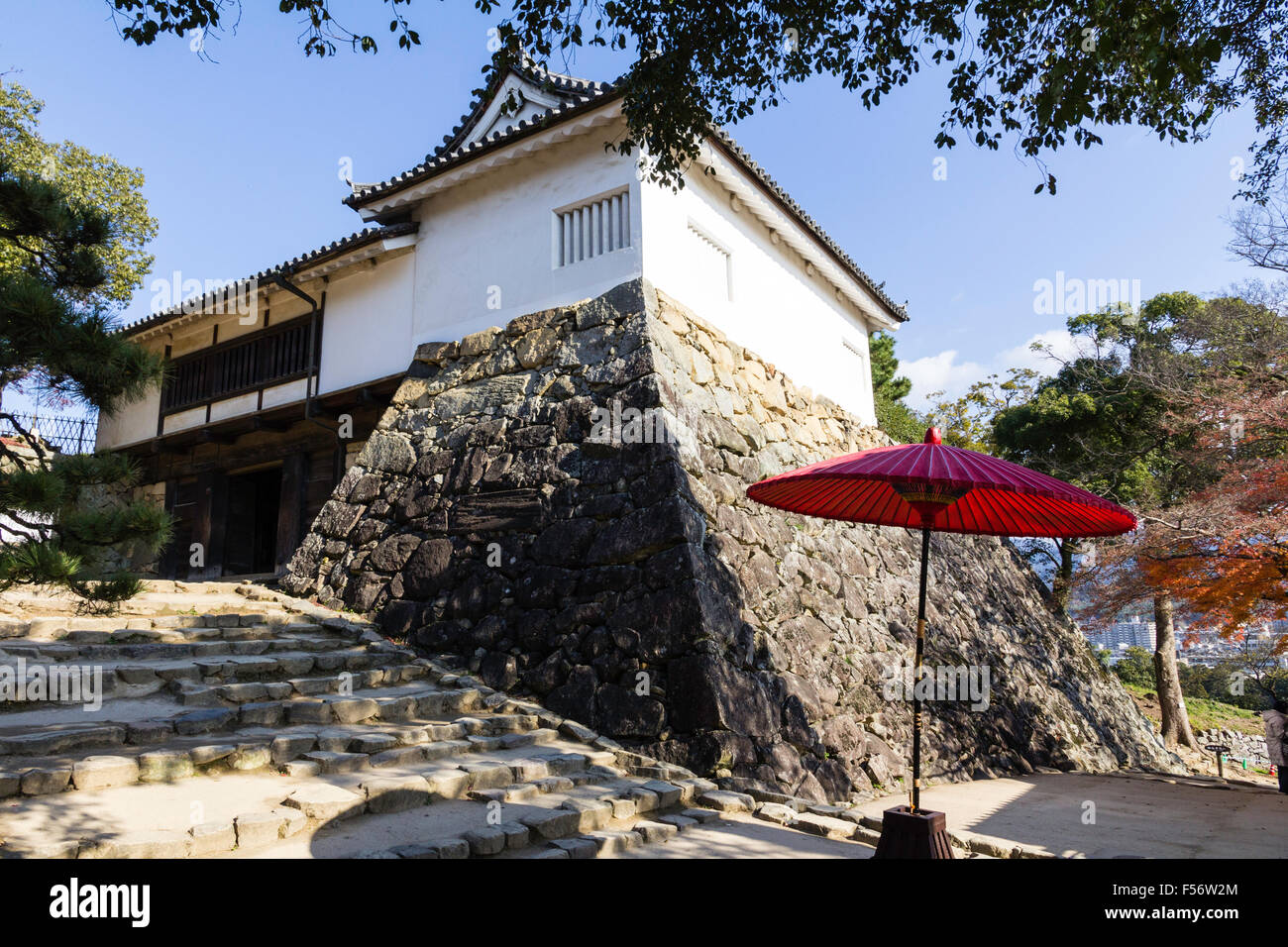 Japan, Hikone Castle. Entrance steps and 90 degree turn under the Taiko ...
