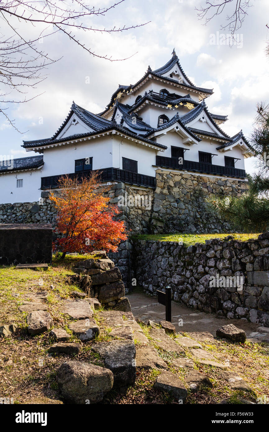 Japan, Hikone Castle. Main keep, borogata style three stories tenshu ...