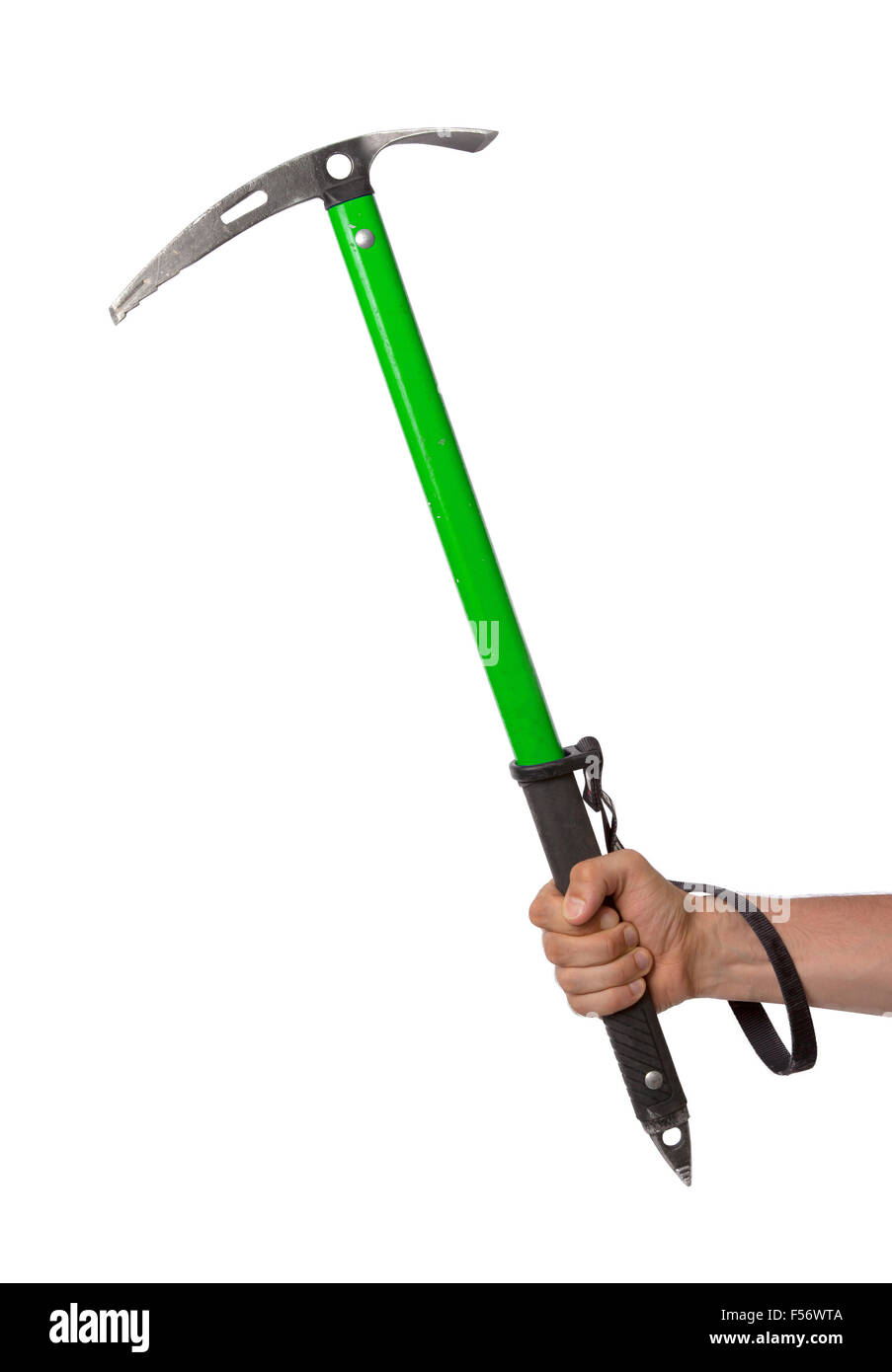 Well worn ice axe, life saving mountaineering tool, isolated on white ...