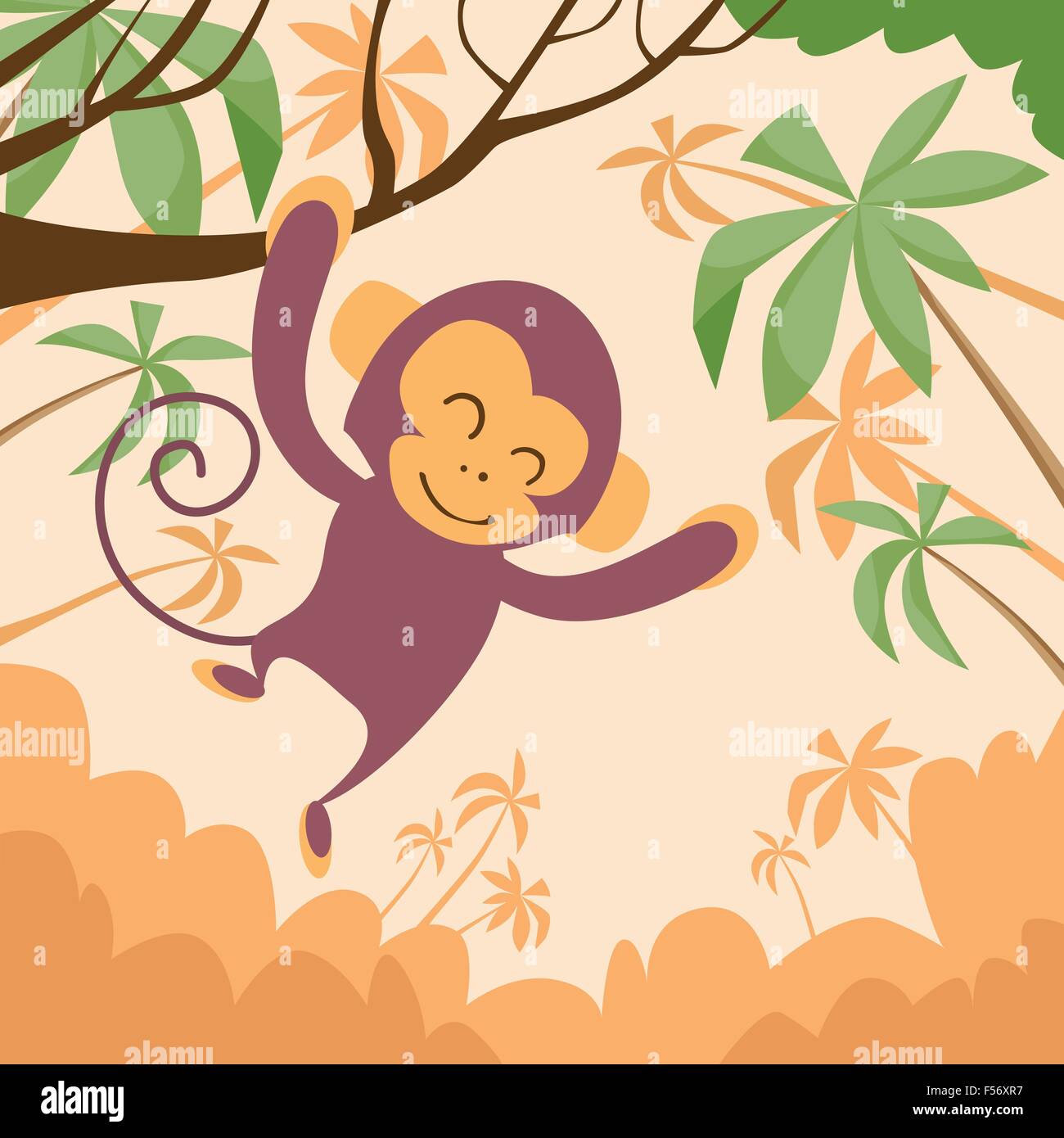 Monkey on Tree Jungle Happy Smile Stock Vector Image & Art - Alamy
