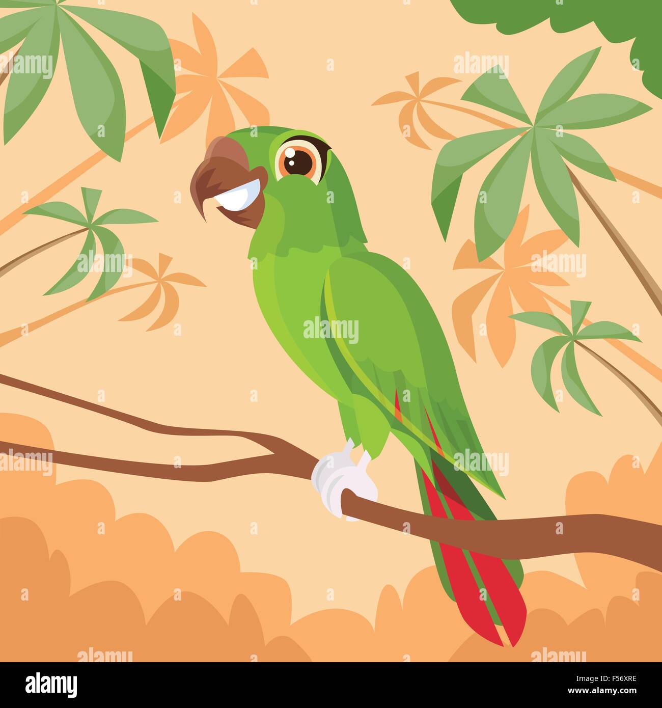 Parrot Sitting on Tree Branch Colorful Tropical Jungle Stock Vector ...