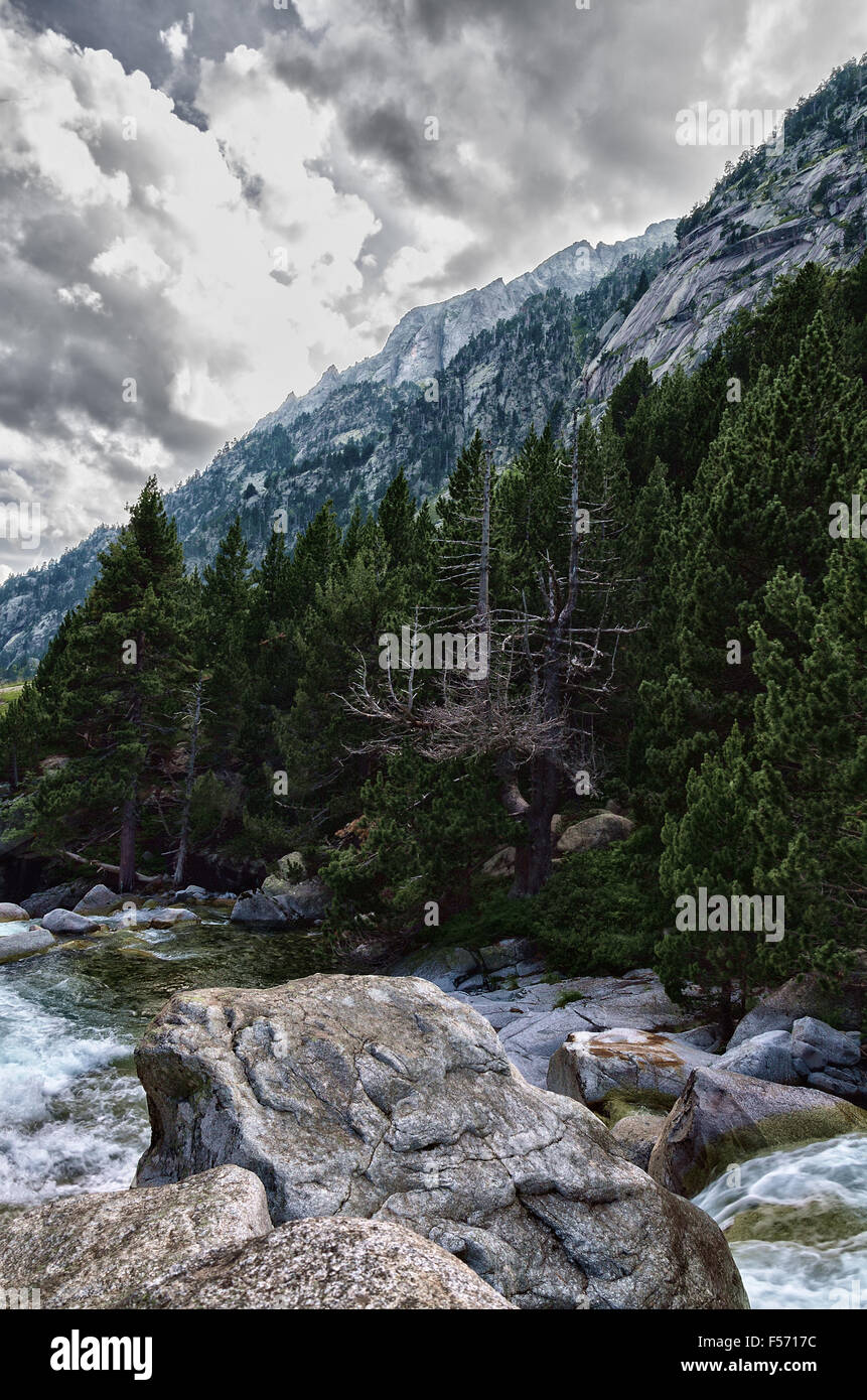 Beautiful river into the Pyrenees mountains with cristal clear water ...