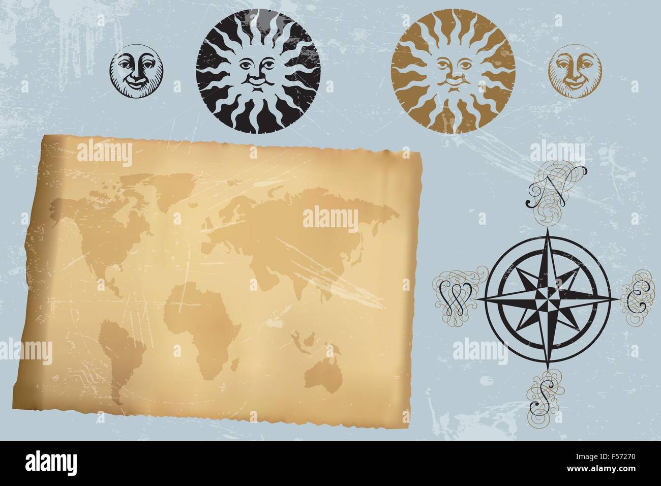 Antique vintage world map and wind rose and symbols of moon and sun ...