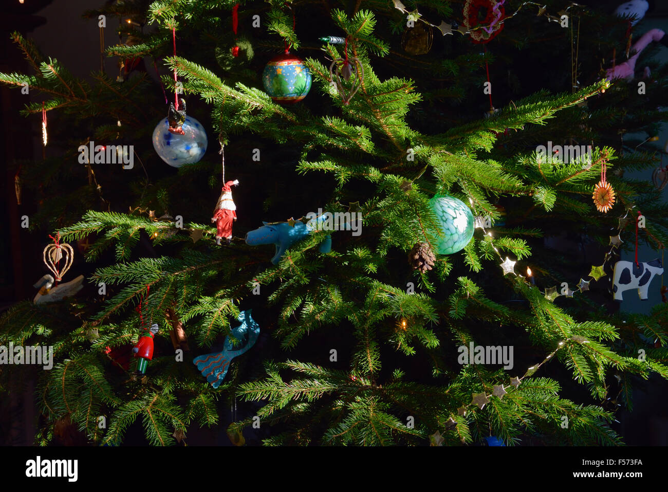 Decorated family Christmas tree detail Stock Photo - Alamy