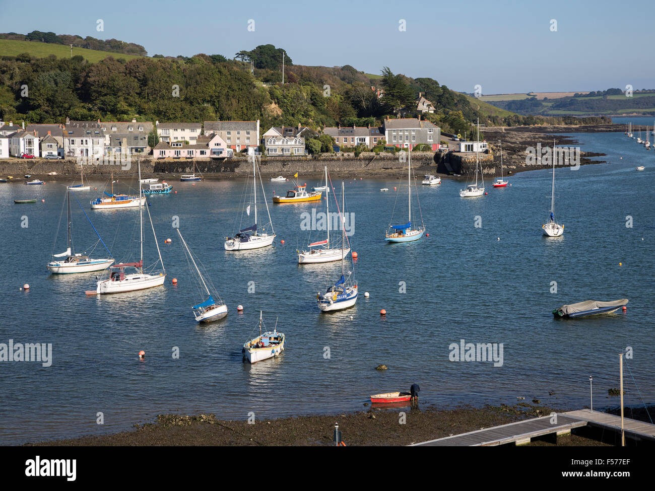 Yachts at moorings on River Fal, Flushing, Cornwall, England, UK Stock ...