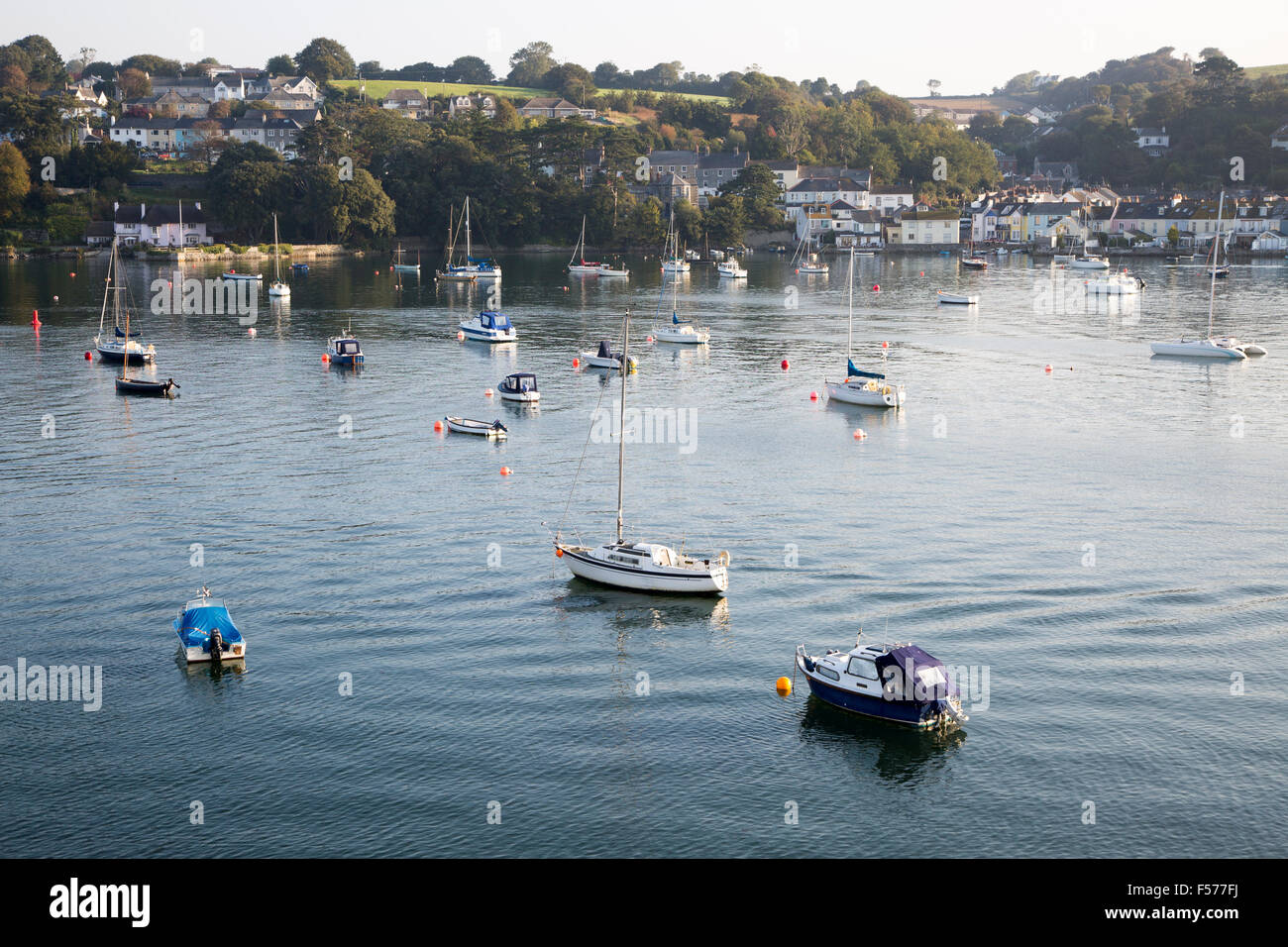 Yachts at moorings on River Fal, Flushing, Cornwall, England, UK Stock ...
