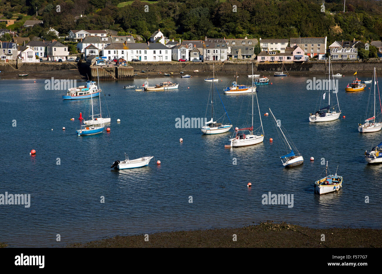Yachts at moorings on River Fal, Flushing, Cornwall, England, UK Stock ...
