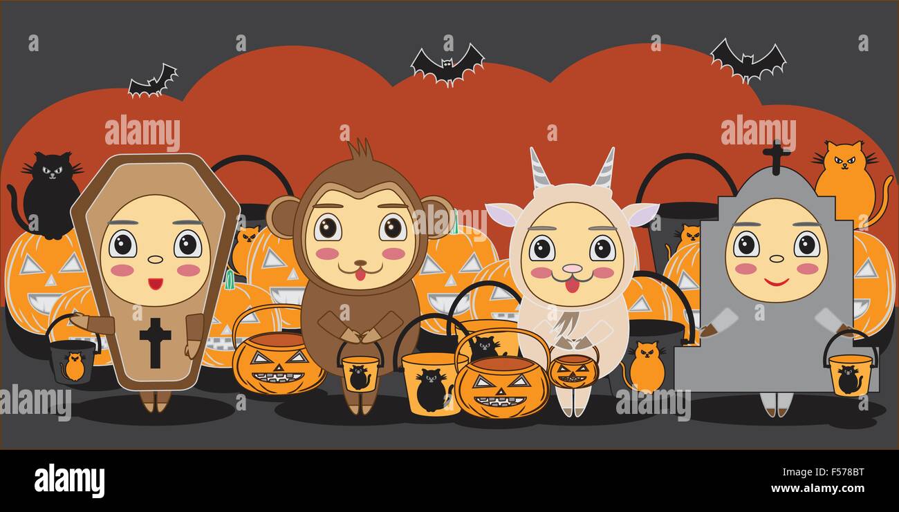 Halloween children trick or treating in Halloween costume Stock Vector ...