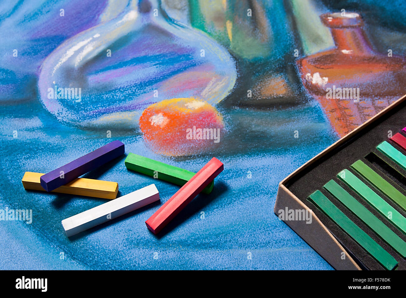 Artists chalk pastels and original pastel drawing of still life on the ...