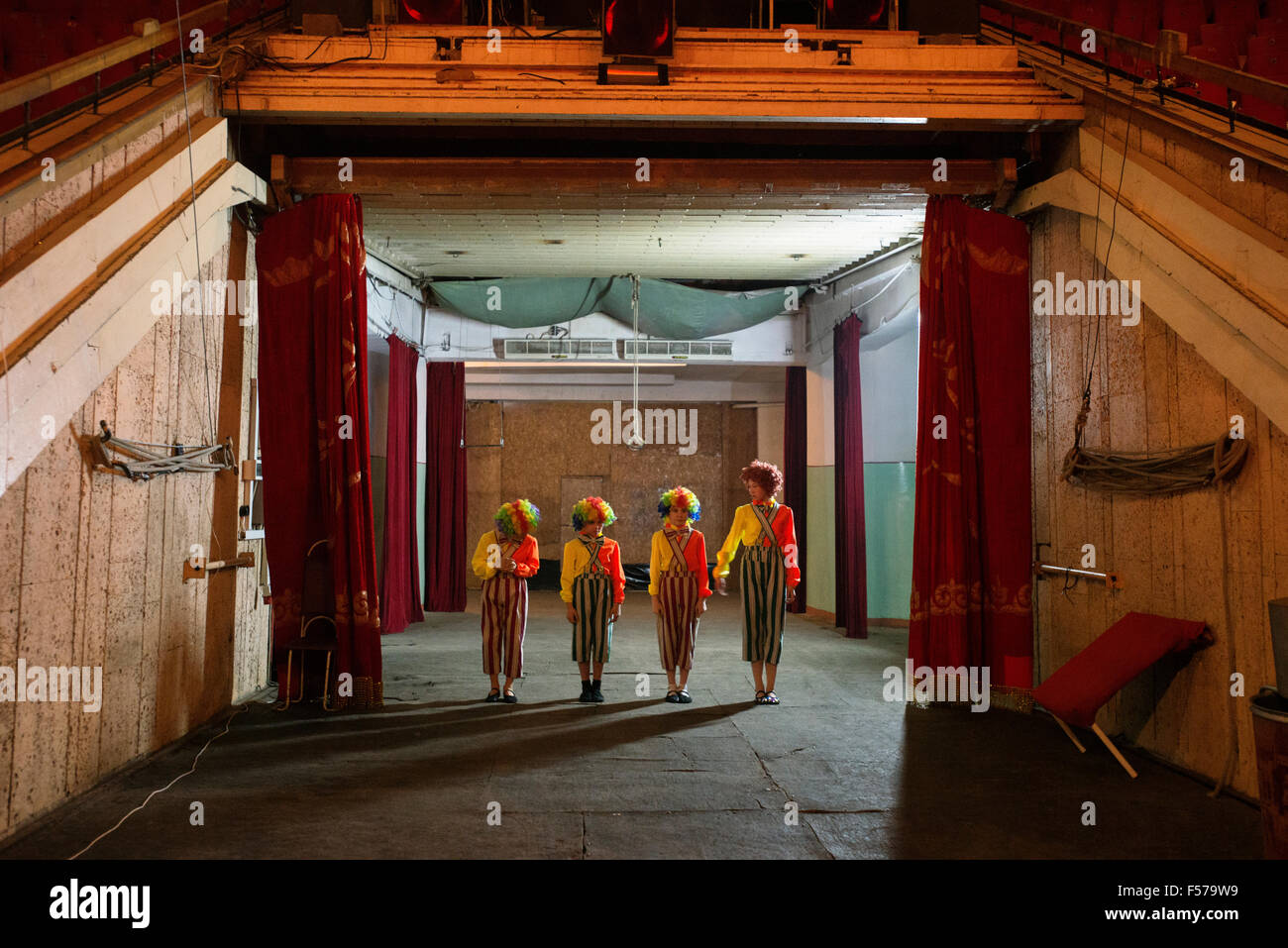 Clowns of children circus studio ready to performance at arena of ...