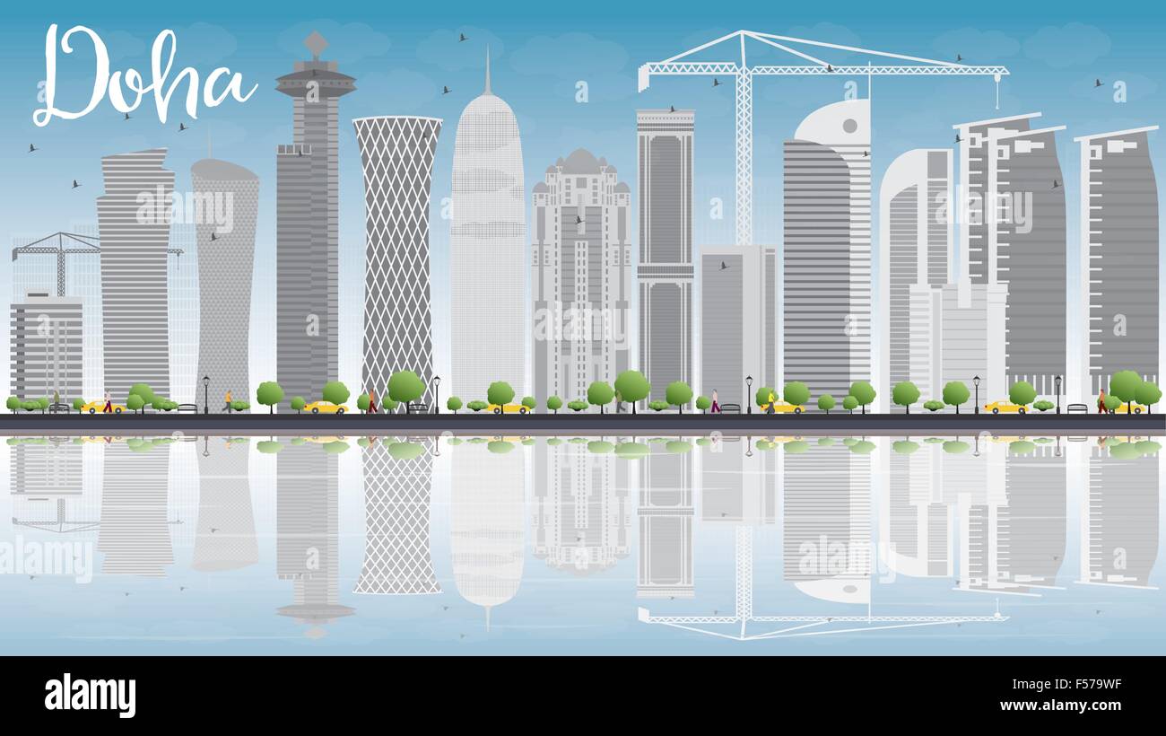 Doha skyline with grey skyscrapers and blue sky. Vector illustration ...