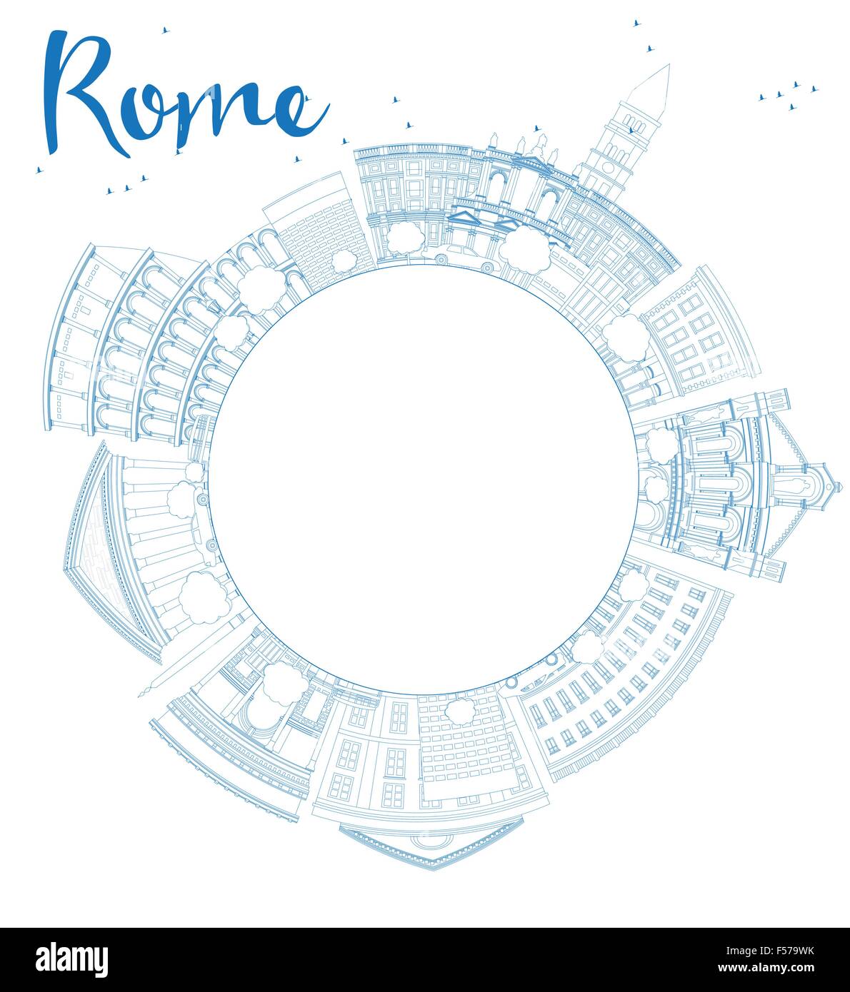 Outline Rome skyline with blue landmarks and copy space. Business ...