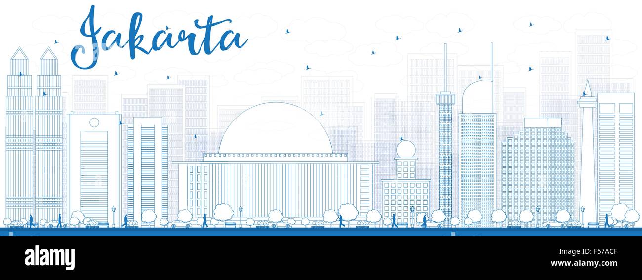 Outline Jakarta skyline with blue landmarks. Vector illustration ...