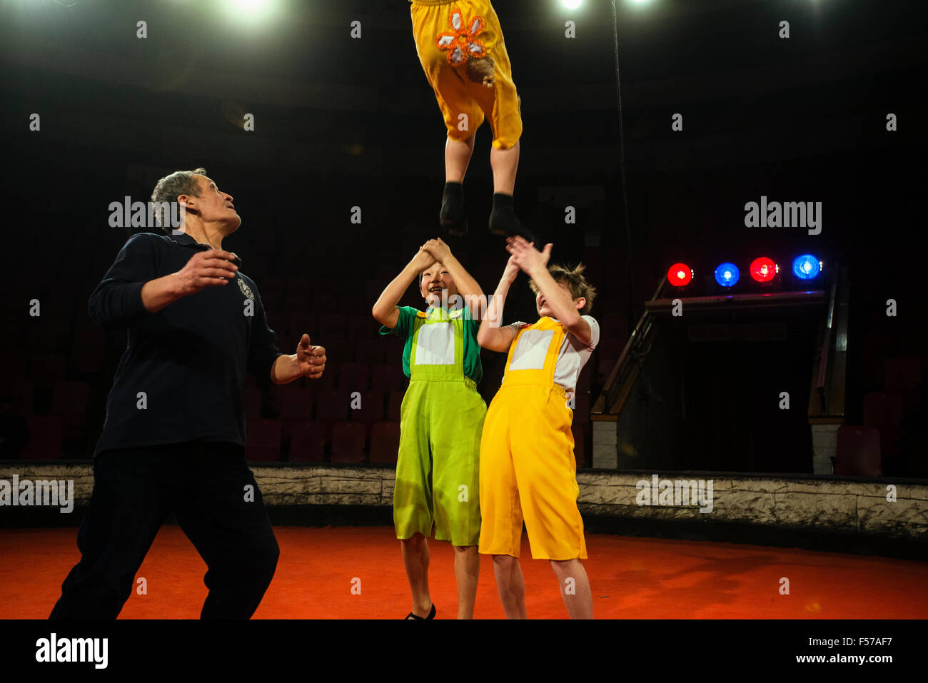 Children circus studio: clowns performance at arena of Bishkek circus ...
